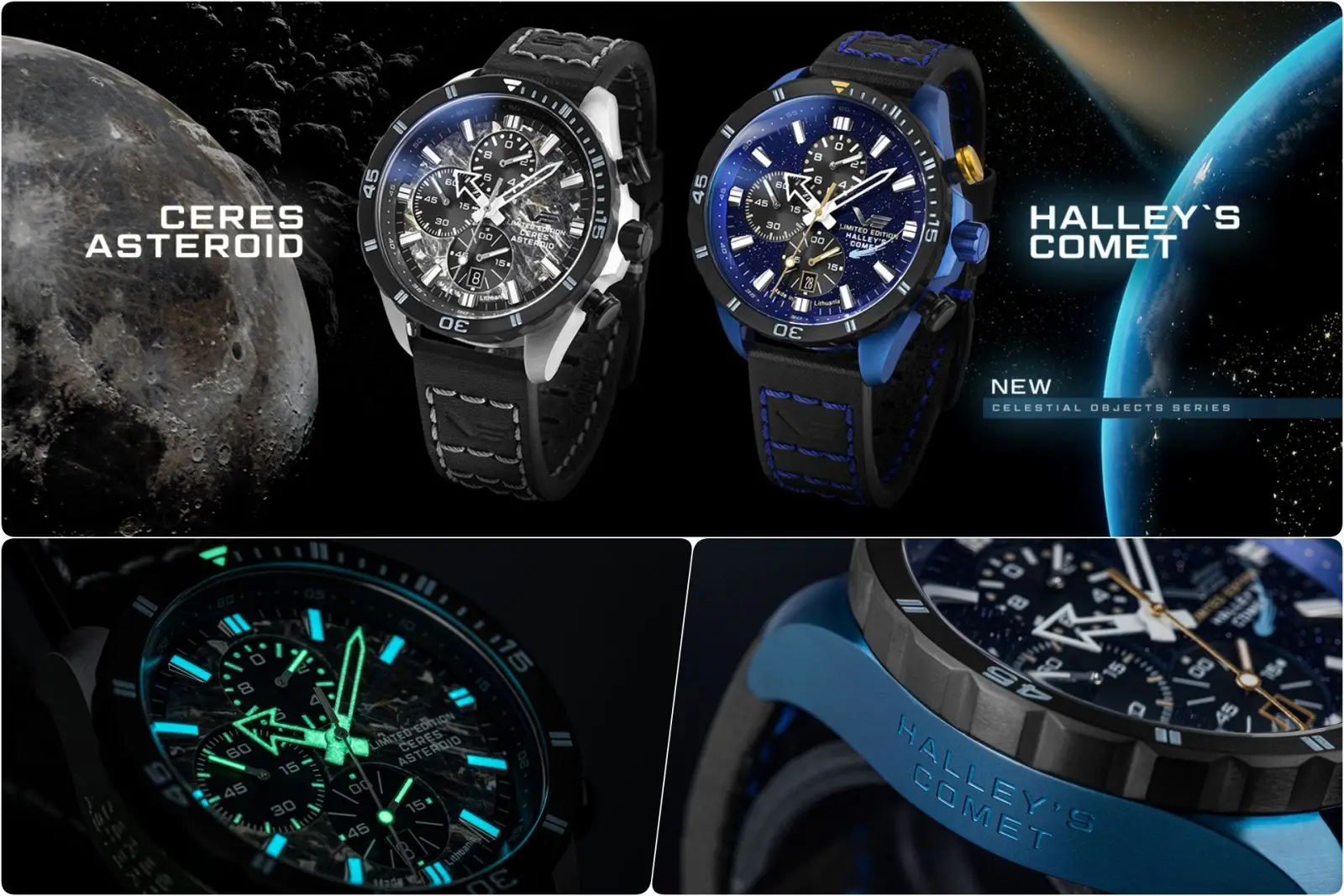 Vostok Europe Celestial Objects Ceres Asteroid i Halleys Comet z tarczami z kamienia ...